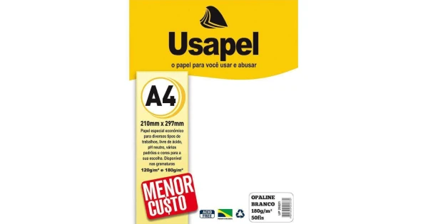 Papel Opaline 180g A4 50 folhas branco Usapel - Moinho Atacadista